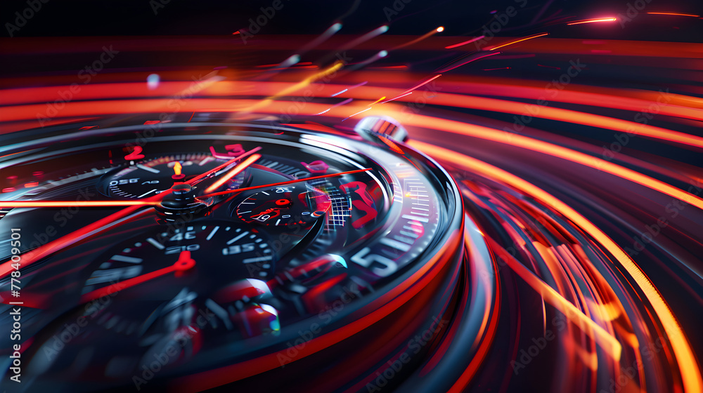 Conceptual illustration of a racing stopwatch with dynamic motion lines ...