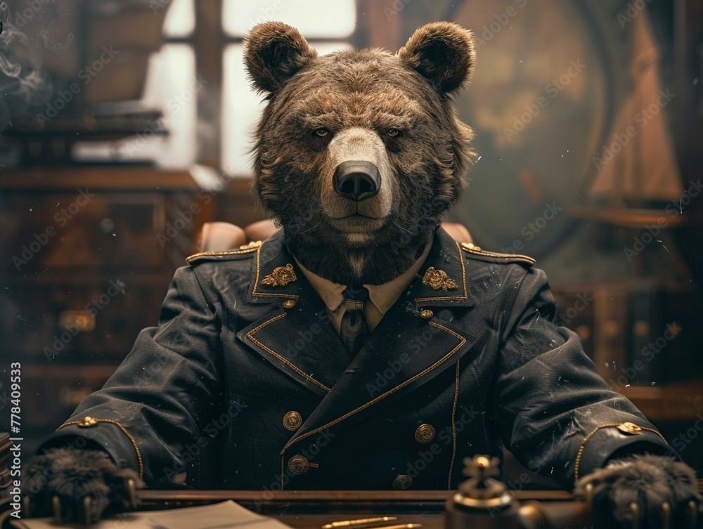 Bear in navy admiral uniform, imposing stance, vintage office ...