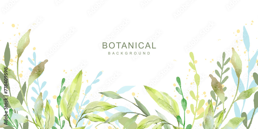 Watercolor frame with green branches and leaves. Cute border of fresh ...