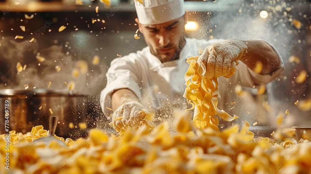 Chef with pasta locks, steaming pot background, culinary theme, warm ...