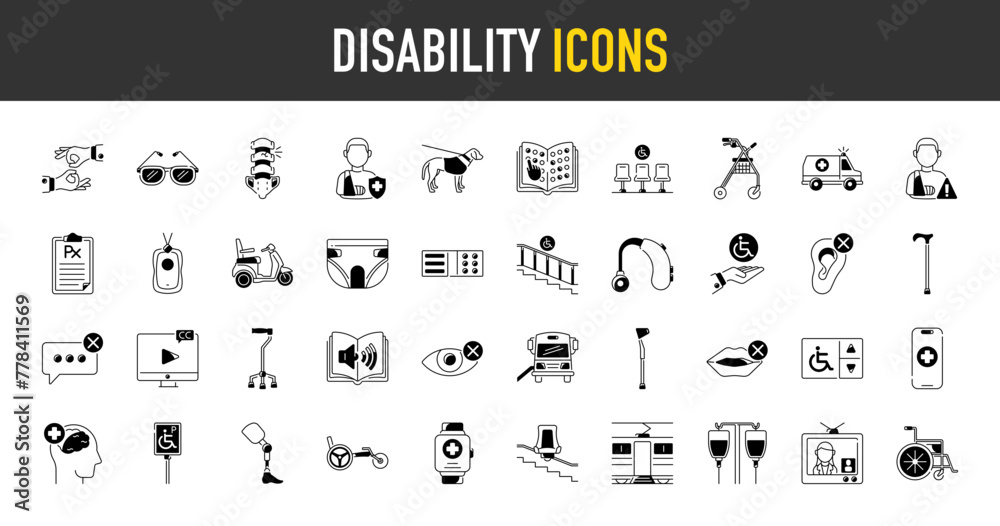 Disability icon set. Such as anatomy, stair, diaper, rollator, tactile ...