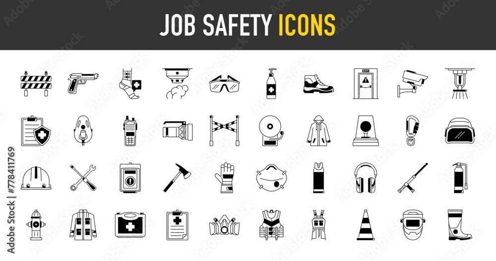 Job safety icon set. Such as detector, glasses, repair tools, shoes ...