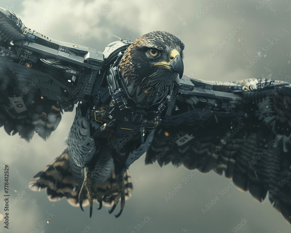 Mechanical hawk landing, dynamic angle, sharp focus, stormy sky ...