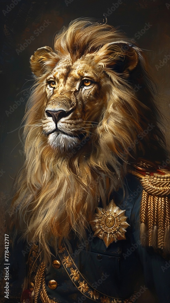 Lion in a generals uniform, regal pose, soft evening light, deep ...