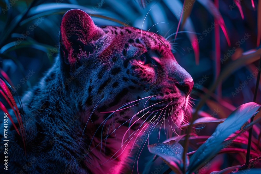 Pink panther in a jungle, twilight, stealth pose, deep shadows ...