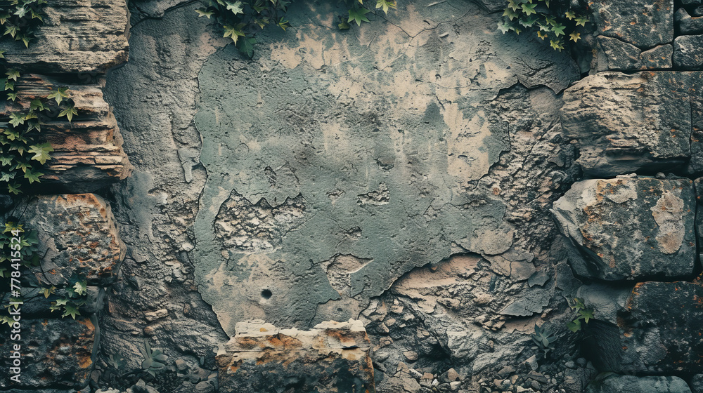 This image shows a stone wall with weathering effects and patches of ...