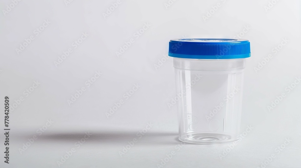 Transparent empty urine analysis container with a blue lid. Clear ...