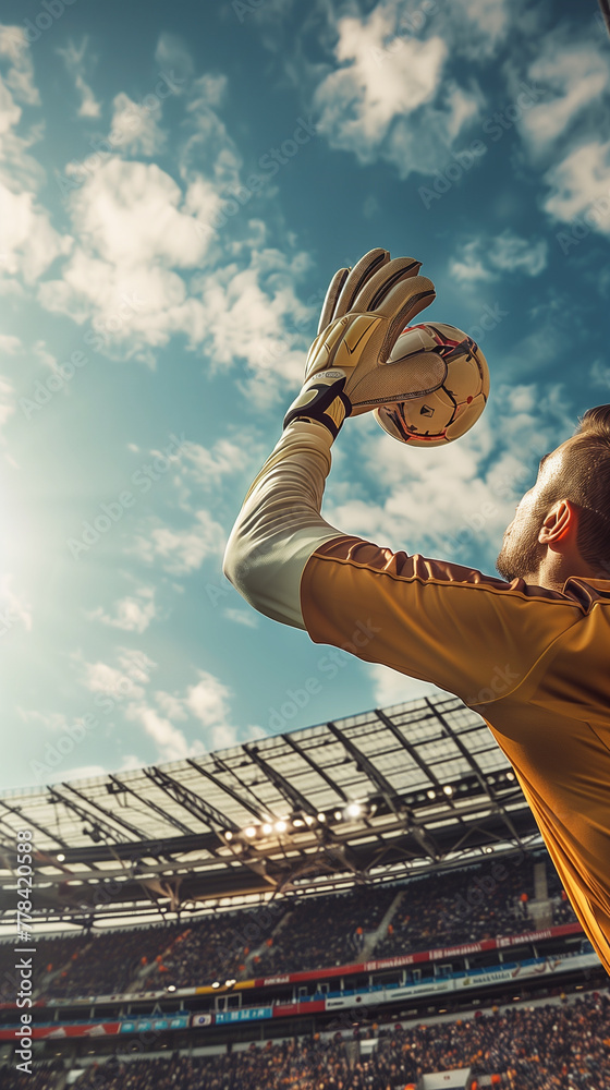 Close-up shot of a goalie in a yellow jersey stretching to catch a ...