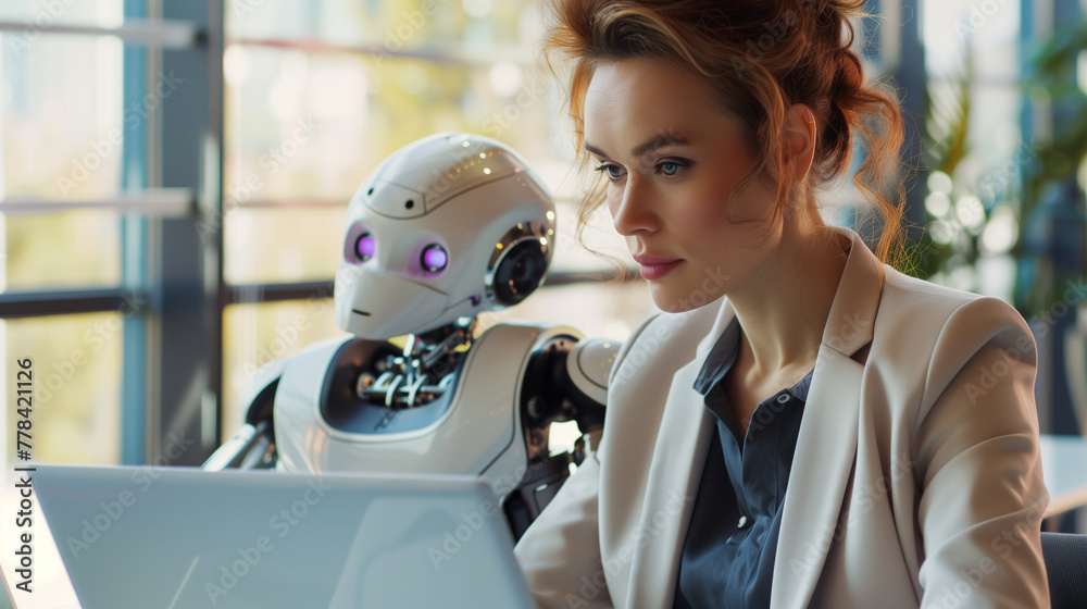 Depiction of a female executive conducting an interview with a robot ...