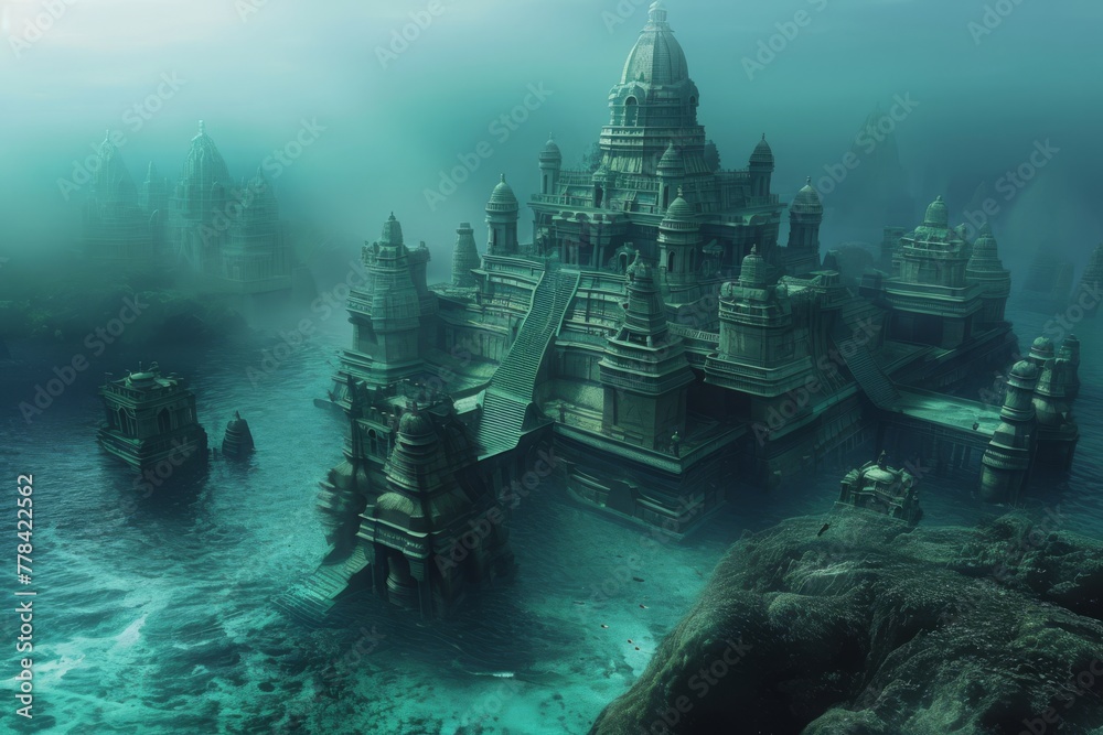 The photo captures an impressive underwater castle surrounded by the vastness of the ocean, A ...