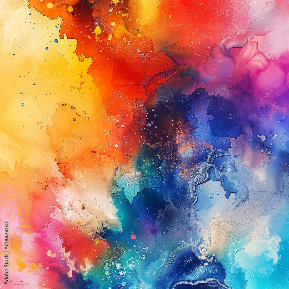 Abstract painting featuring a vivid blend of watercolors creating a ...
