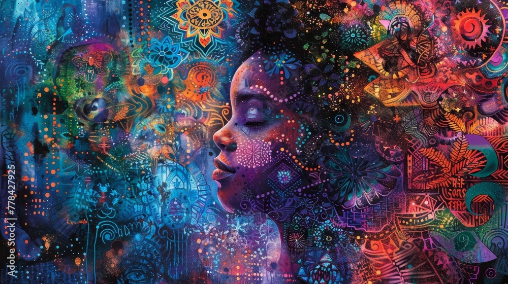 This psychedelic portrait merges a woman's profile with cosmic and ...