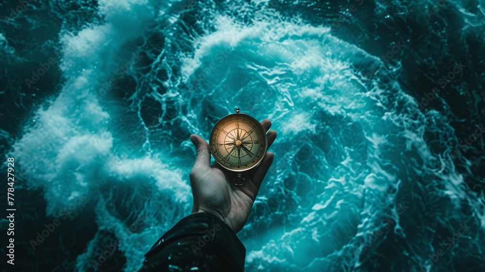 Person hand holding a compass in a stormy sea, emphasizing the ...