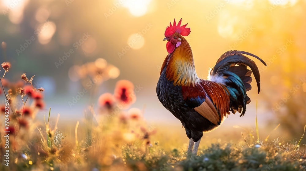 A confident rooster standing tall and crowing at dawn, capturing the ...