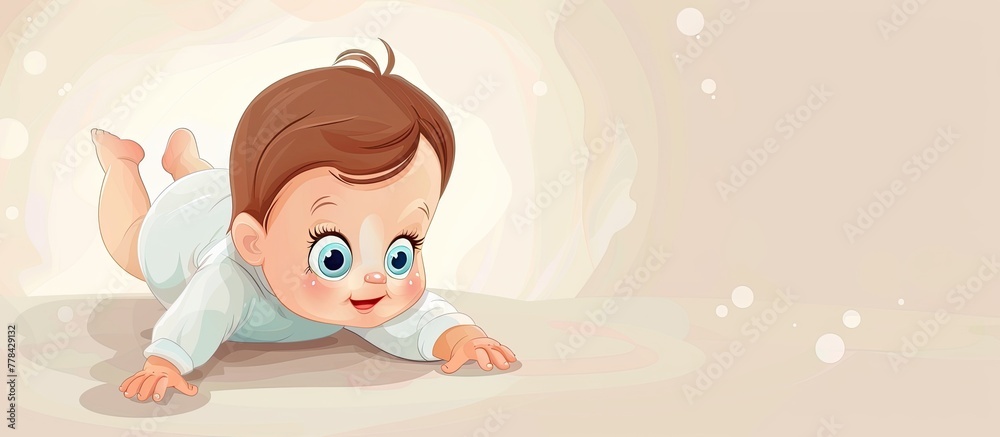 A joyful animated cartoon baby with a big smile on its face is crawling ...