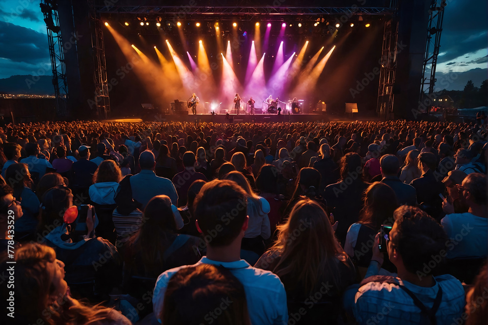 Crowd in a concert hall with lights over the scene, people silhouette ...