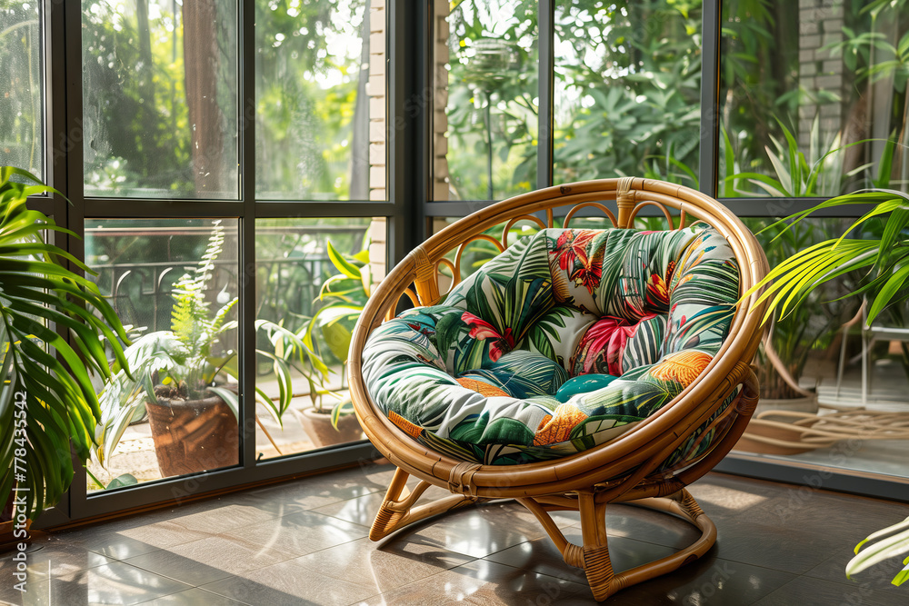 Tropical Inspired Papasan Chair in Sunroom. Bright sunroom with a ...