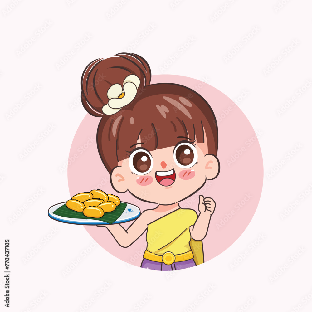 Beautiful Thai woman wearing Thai Traditional dress presenting Kanom ...