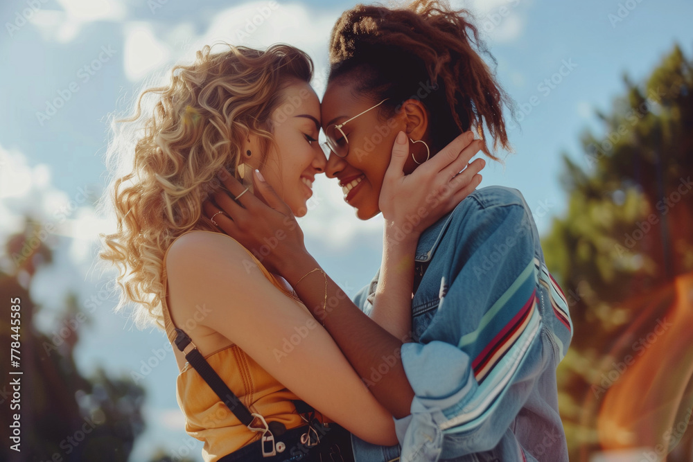 Two women kissing in a field. Scene is romantic and intimate. The idea is that the two women are ...