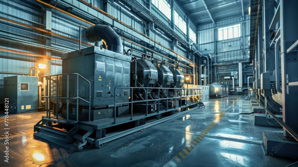 Big generator machine inside the building, electrical emergency machine ...