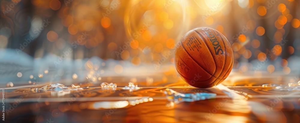 Focus on the intricate patterns of a basketball, with the hardwood ...
