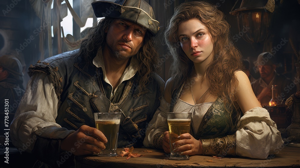 Buccaneer and lady in a medieval setting, dressed in antique costumes ...