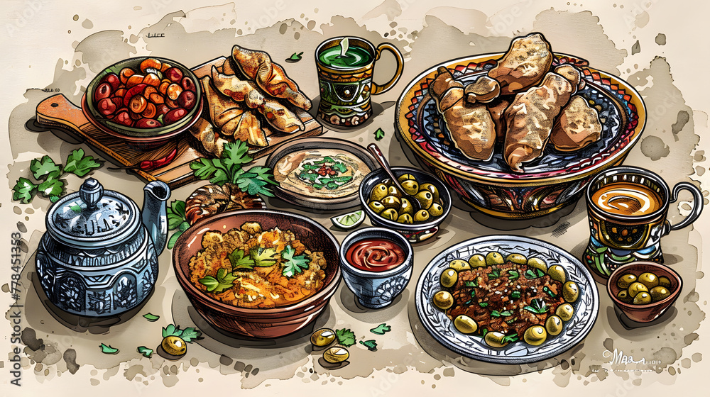 Exquisite Middle Eastern Cuisine: A Vintage Hand-Drawn Sketch ...