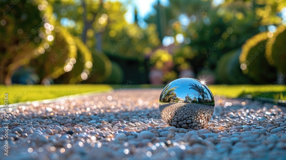 A detailed shot of a shiny, metallic silver bocce ball, with the gravel ...