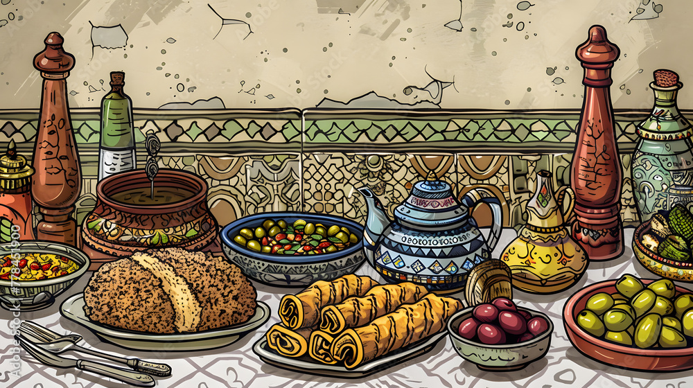 Vibrant Arabesque Feast: A Hand-Drawn Vintage Sketch Illustrating a ...