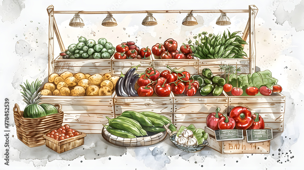 Vibrant Organic Farmers Market: Hand Drawn Sketch Illustrating a ...