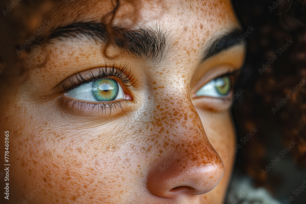A detailed view of a womans face shows her distinctive freckles, giving ...