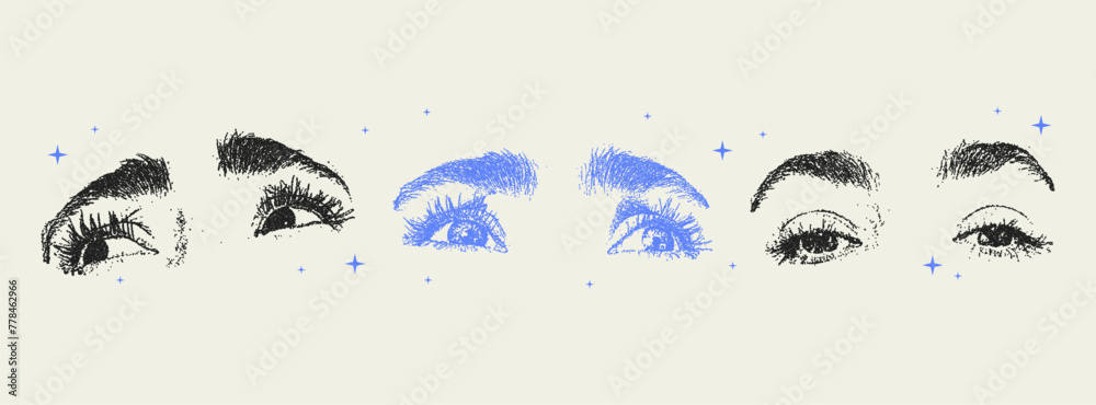 Grunge grain eyes with a xerox or photocopy effect in a pop art style ...