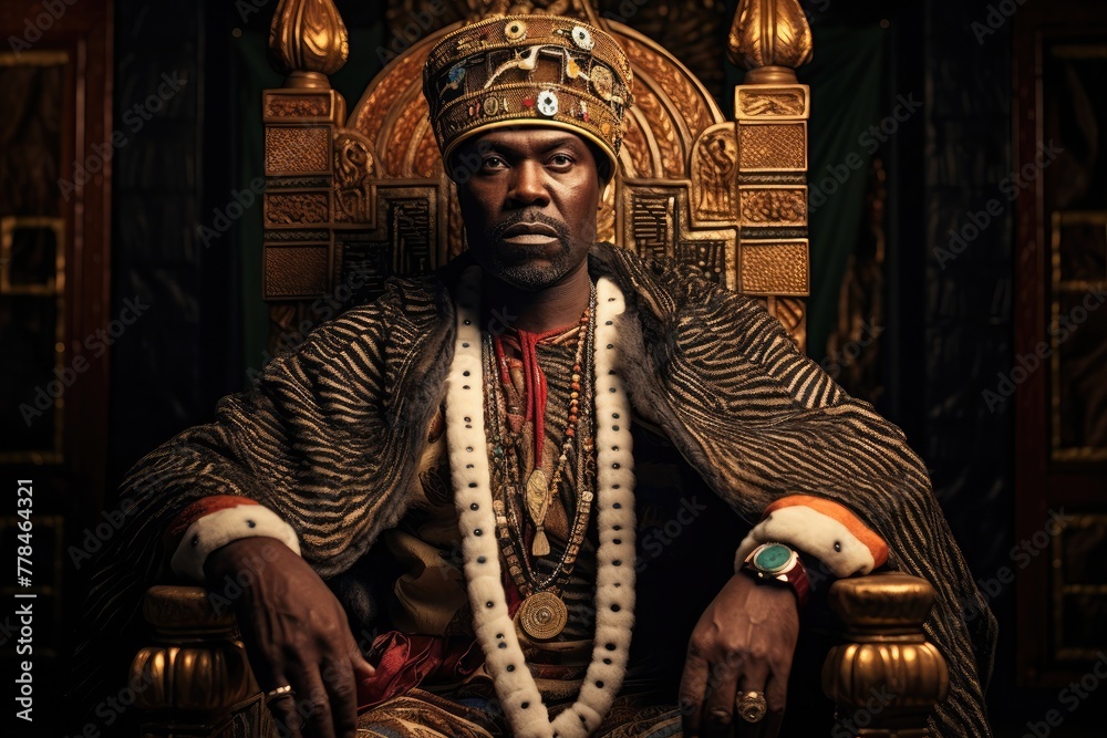 African king seated on a majestic throne, surrounded by intricate ...