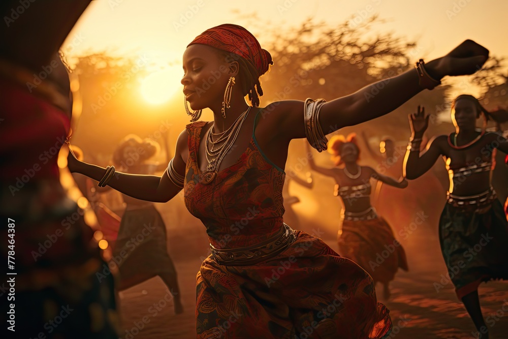 African culture and traditions, focusing on a tribal dance ceremony at sunset, vibrant ...