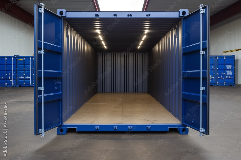 Vista al interior de una contenedor marítimo vacío con puertas abiertas ...