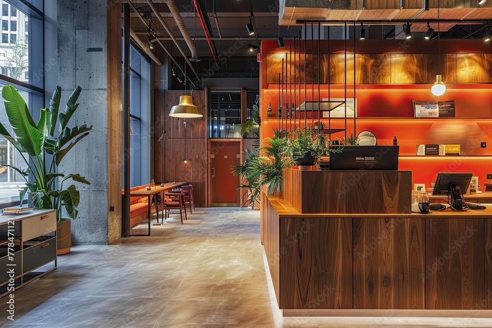 A digital nomad-friendly hotel reception with communal workspaces, high ...