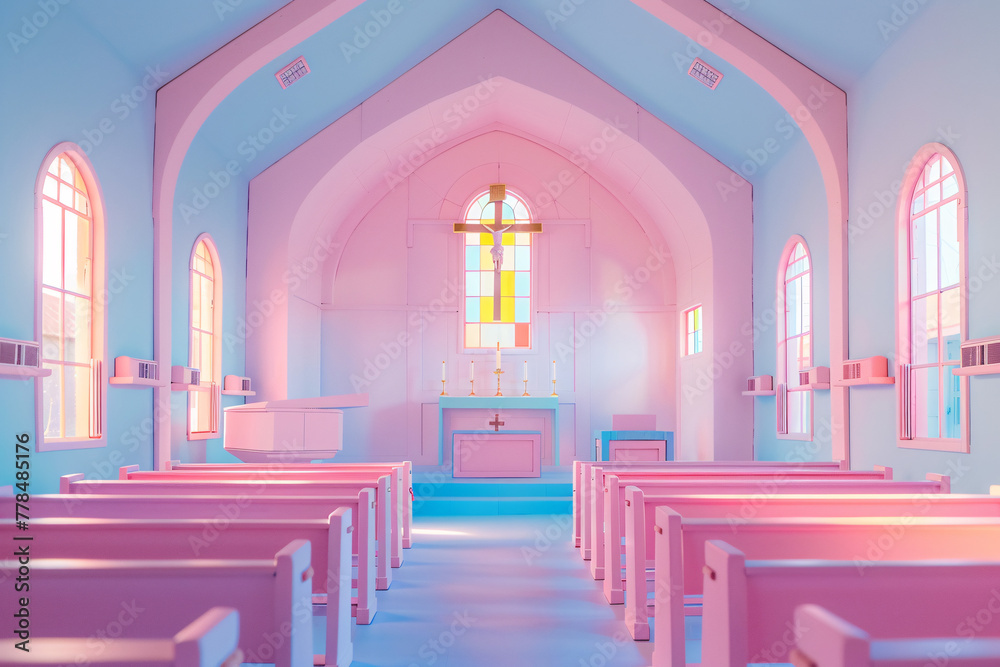 Pastel church interior with sunlight through stained glass window Stock ...