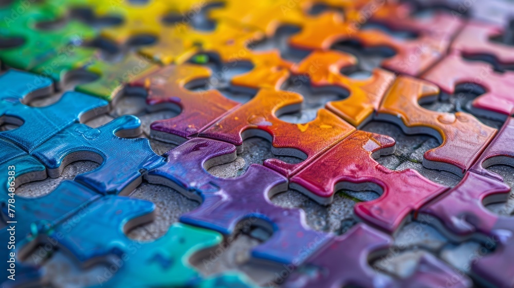 Colorful puzzle pieces on a textured surface in various states of ...