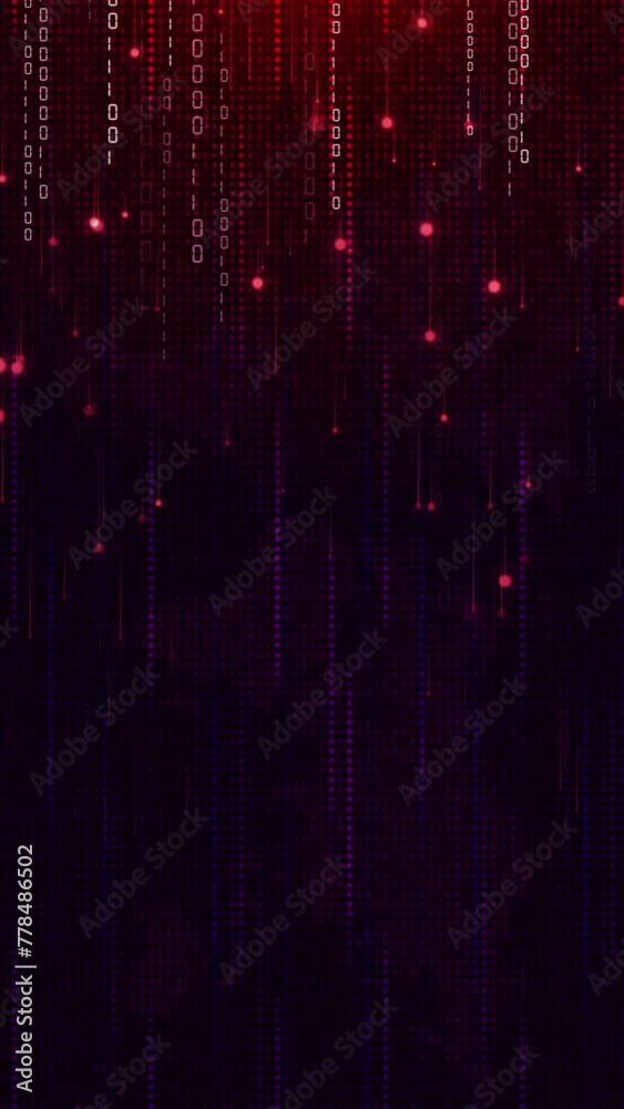 Movement numbers binary code and glowing particles on dark red background. Points and pixels in ...