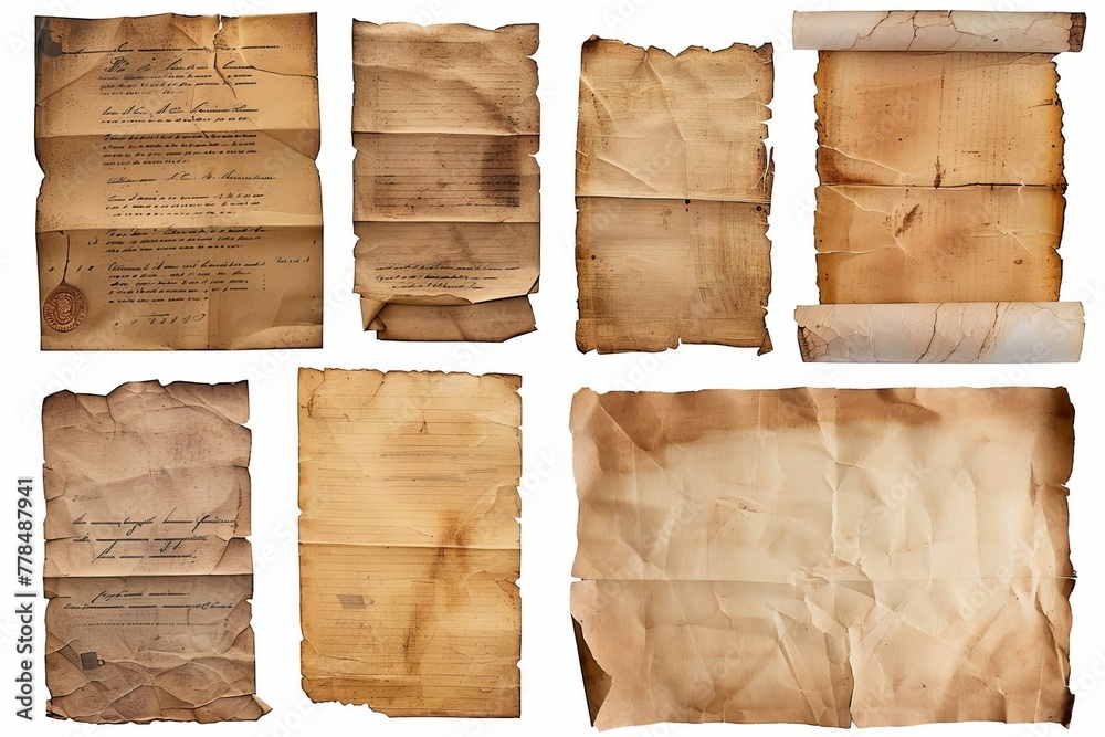 Collection of aged vintage paper textures isolated on white background ...