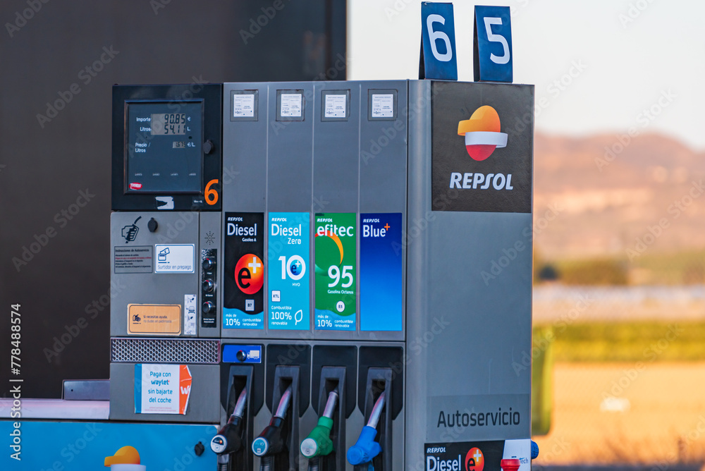Totana,Murcia,4, 3, 2024; Fuel dispensing device at a Repsol service ...