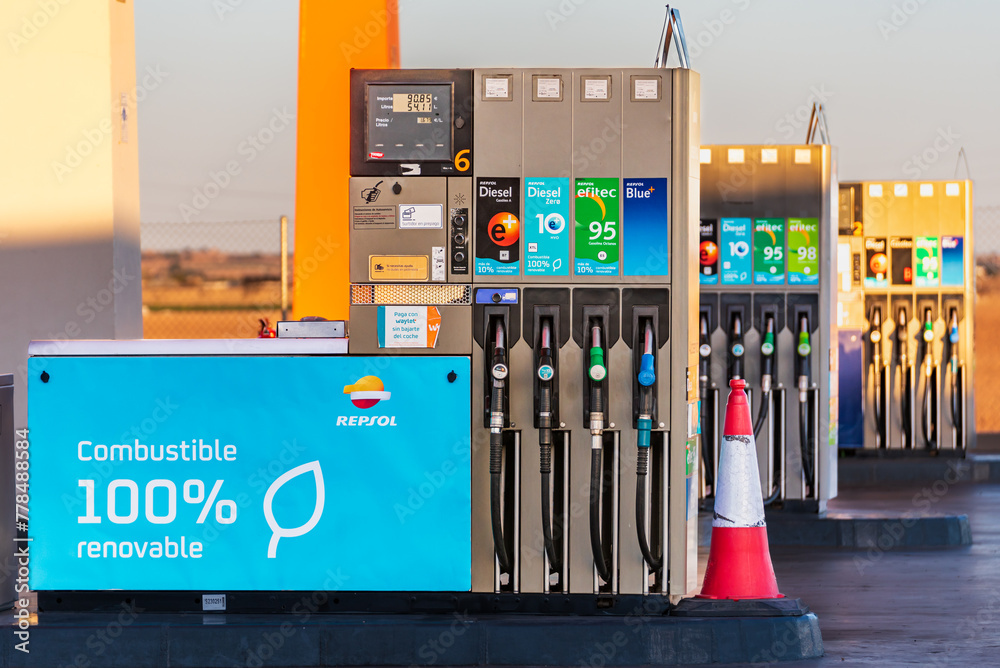 Totana,Murcia,4, 3, 2024; Fuel dispensing devices at a Repsol service ...