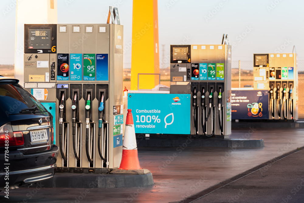 Totana,Murcia,4, 3, 2024; Fuel dispensing devices at a Repsol service ...