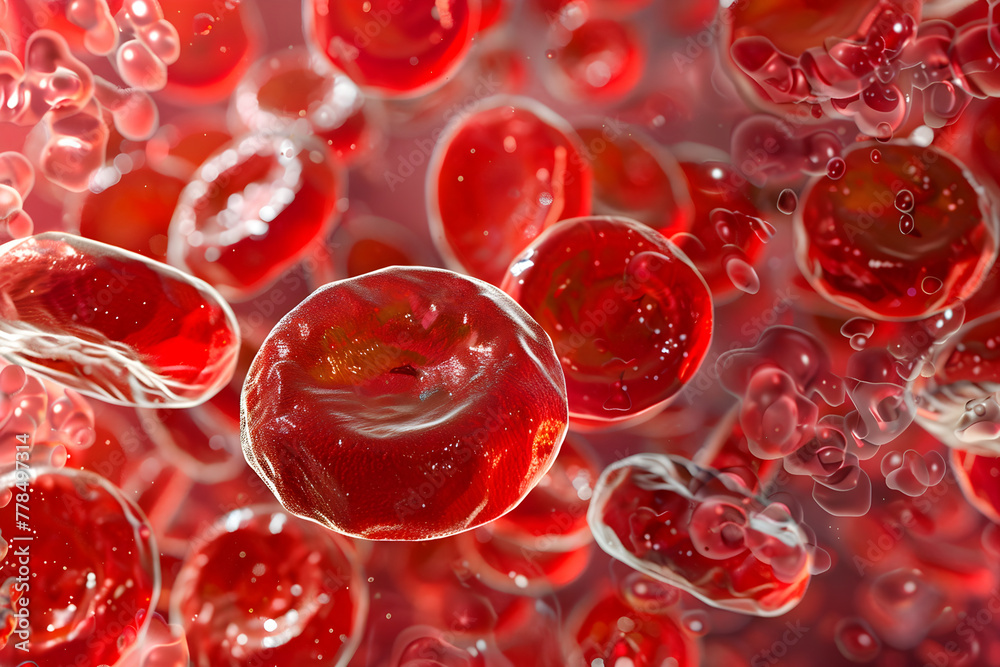 Floating human blood cells in blood vessels or veins. Microscopic red ...