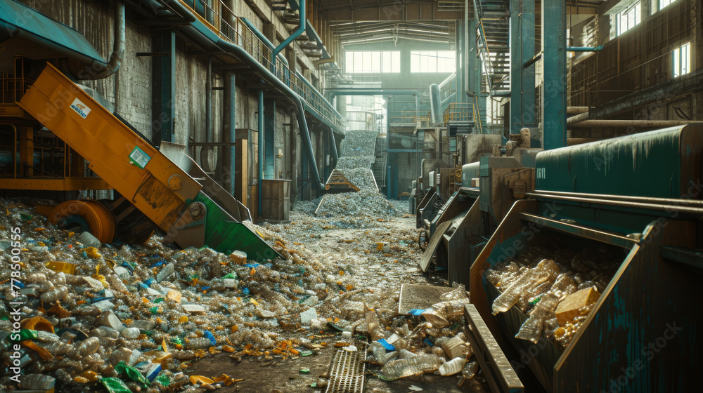 A plastic recycling plant with sorting lines and shredding machines ...