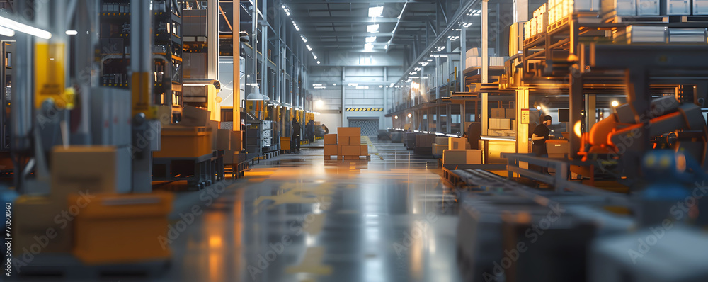 Busy warehouse with workers and boxes, capturing the fast-paced nature ...