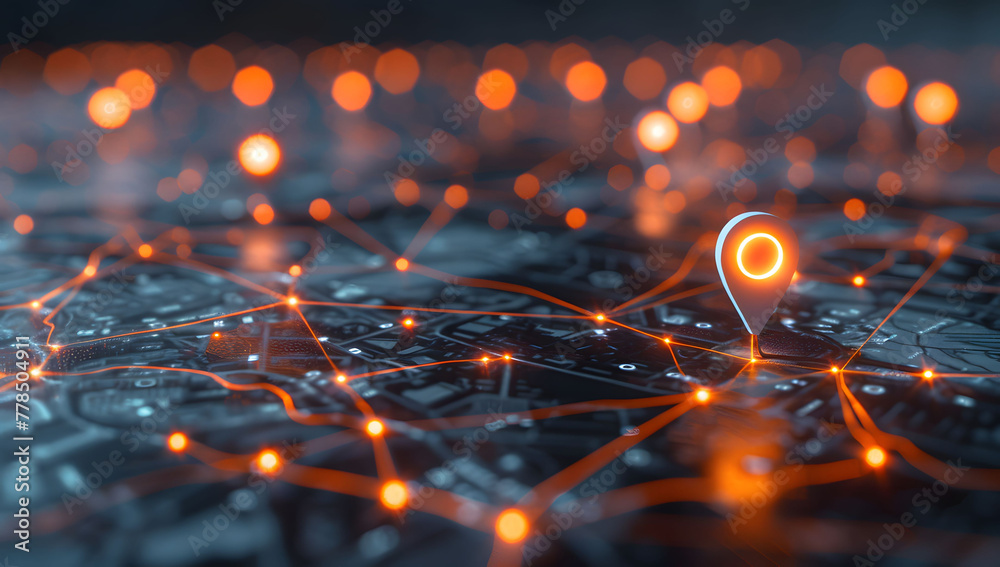 A digital map featuring interconnected location pins, symbolizing ...