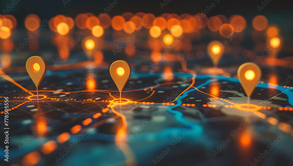 A digital map featuring interconnected location pins, symbolizing ...