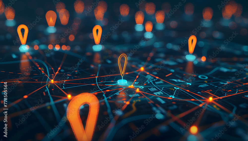 A digital map featuring interconnected location pins, symbolizing ...