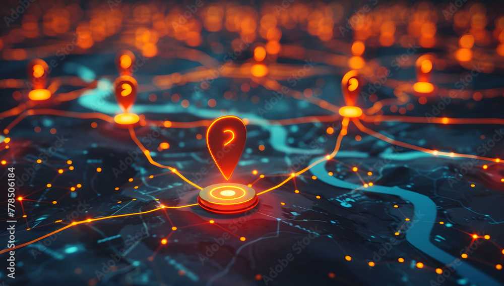 ภาพประกอบสต็อก A digital map featuring interconnected location pins ...
